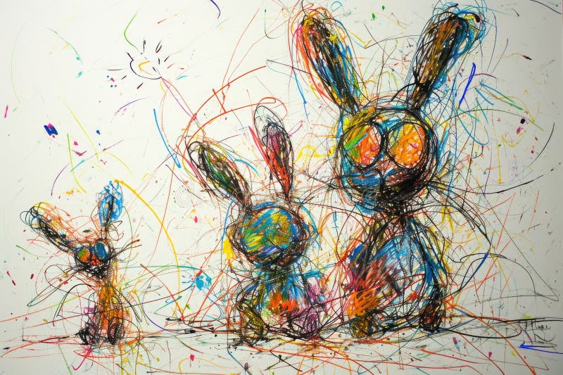 A Hand Drawing Colorful Group of Various Type of the Rabbit with Crayon ...