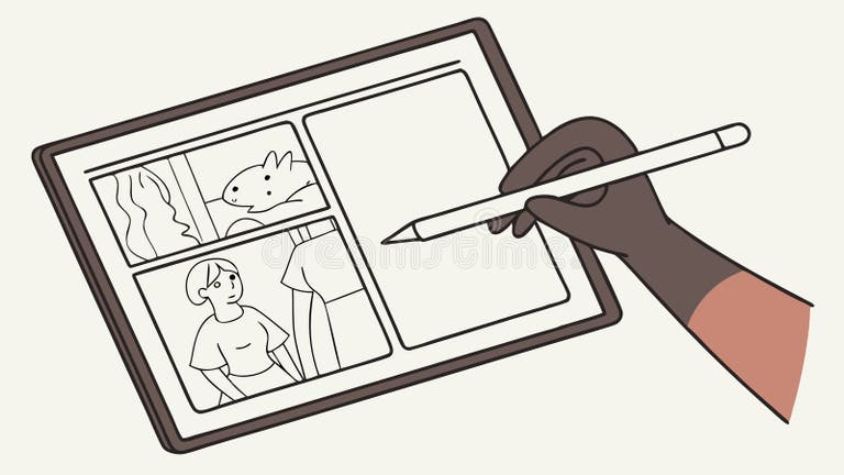 Hand Drawing a Comic Strip on a Tablet, Illustrating Creativity, Vector ...
