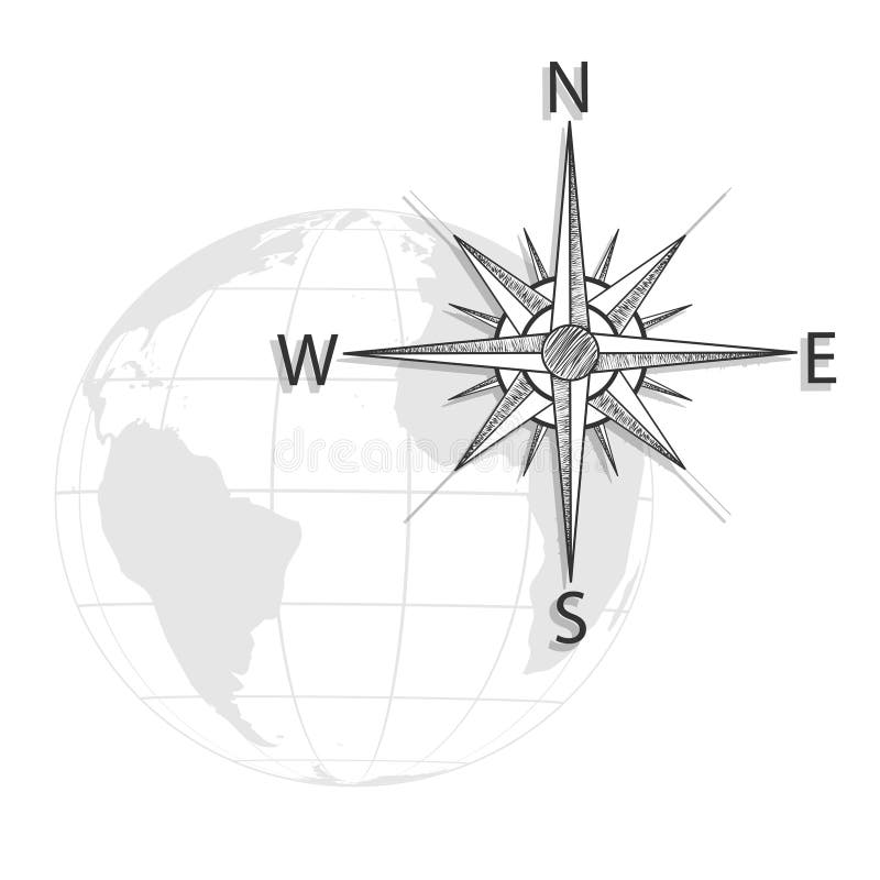 Hand Drawing Compass on the Globe, Map - Black, Grey Icon Stock Vector ...