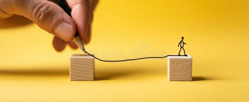 The Hand Drawing a Connection between Two Wooden Blocks with a Tiny ...