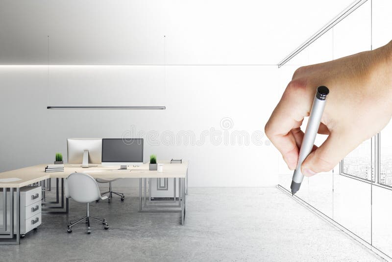 Hand Drawing Coworking Office Interior with Computers Stock ...