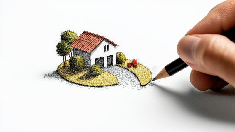 Hand Drawing a Creative House Design with Trees and a Pathway ...