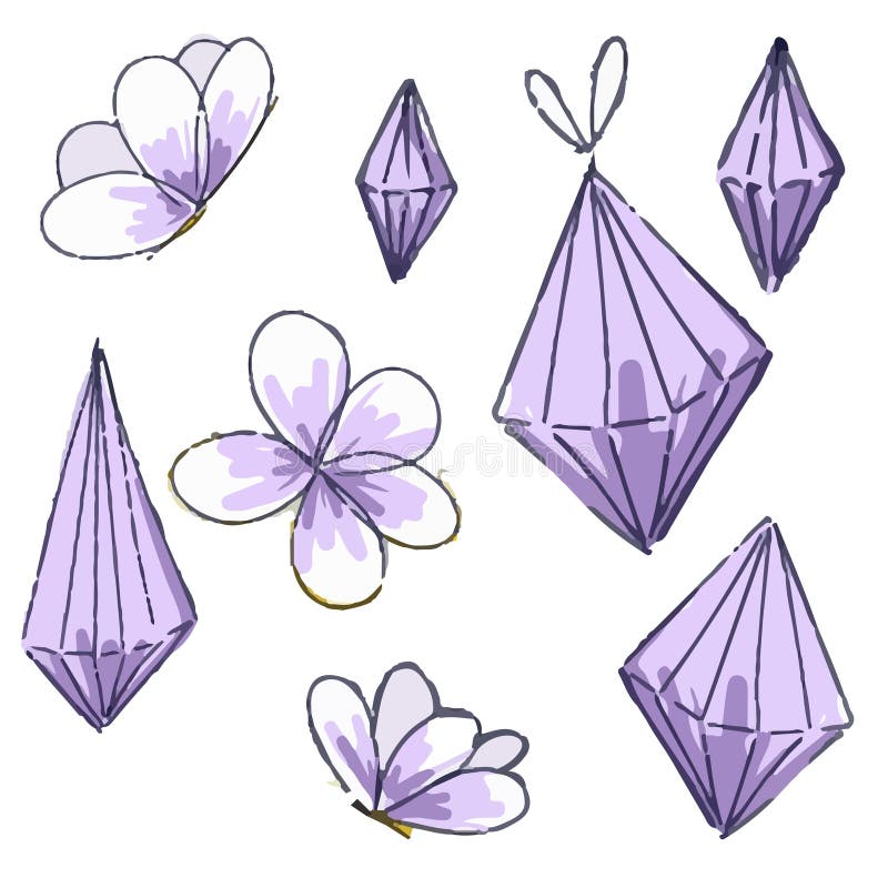Hand Drawing Crystals and Flowers Isolated on White Stock Vector ...