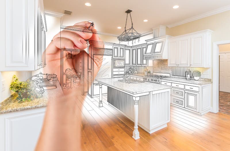 Hand Drawing Custom Kitchen Design with Gradation Revealing Photograph ...