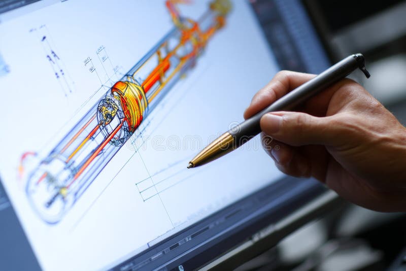 Hand Drawing 3D Engineering Model on Digital Screen. CAD Technology ...