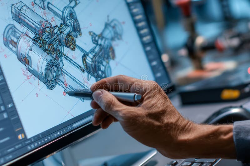 Hand Drawing 3D Engineering Model on Digital Screen. CAD Technology ...