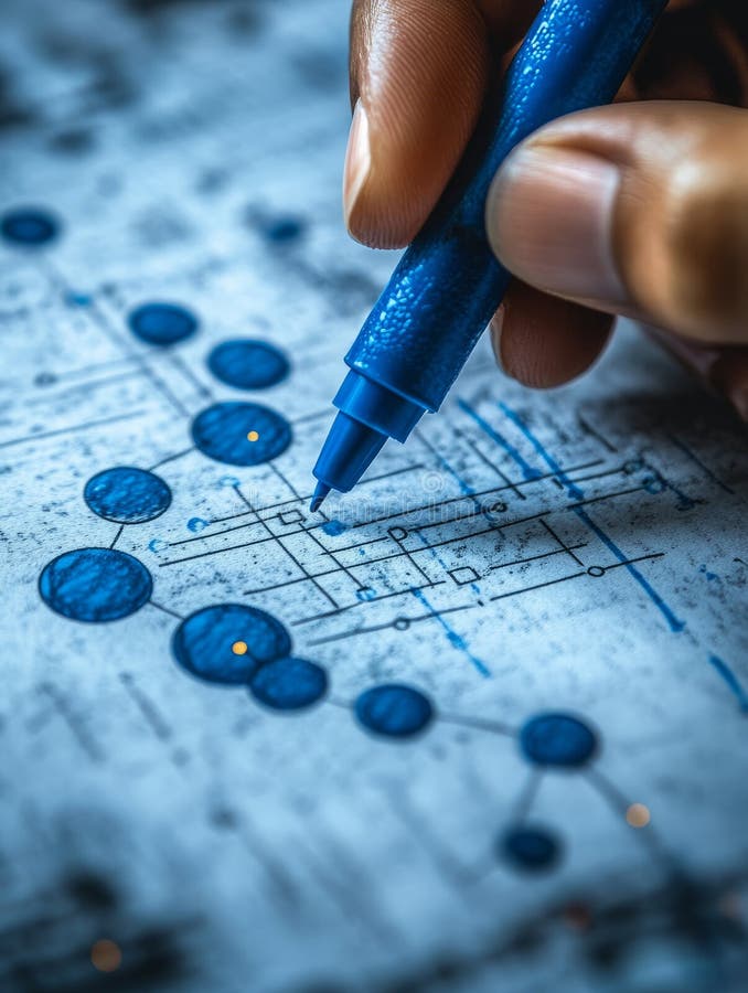 Hand Drawing Designs on a Blueprint with a Blue Pen. Stock Photo ...