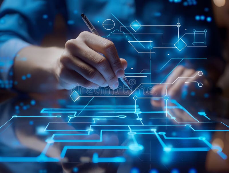 Hand Drawing Digital Circuit on Transparent Screen Stock Image - Image ...