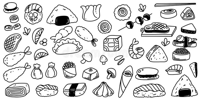 Hand Drawing of Doodle Japanese Food Set Isolated on White Background ...