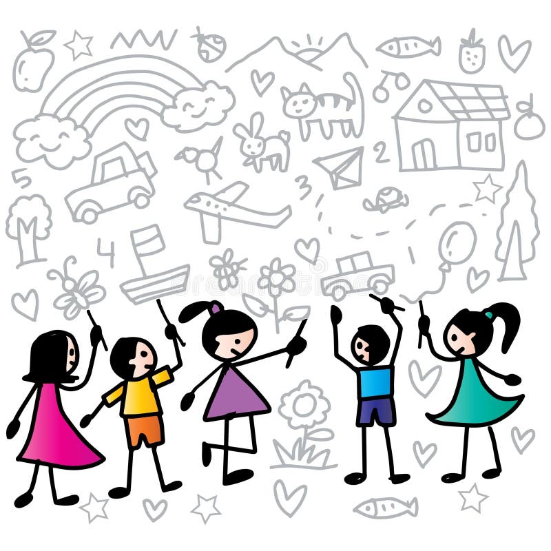 Hand Drawing Doodle of Kids Playing and Doodle Activity. Stock ...