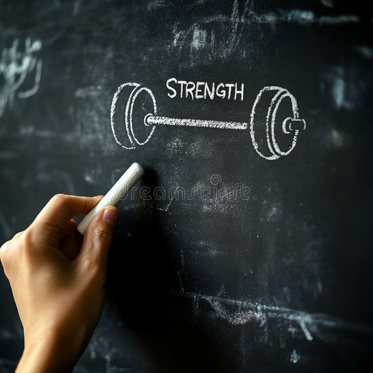 Hand Drawing a Dumbbell Labeled Strength on a Chalkboard. Stock Image ...