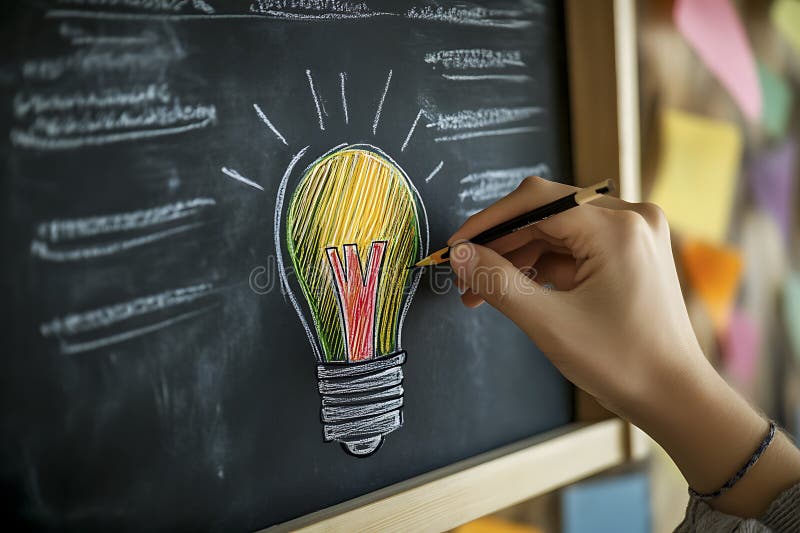 Hand Drawing Energy Efficiency Symbols on Chalkboard with White Chalk ...
