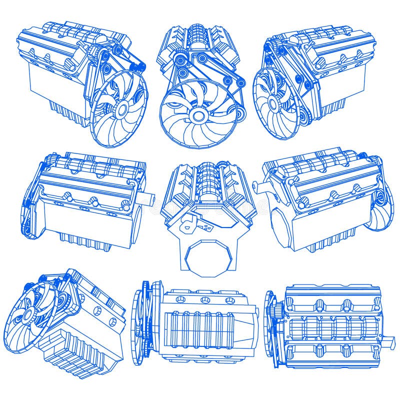 Hand Drawing of Engine on Blue Pen Stock Vector - Illustration of ...