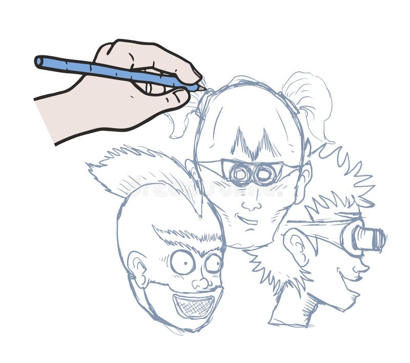 Hand drawing faces stock illustration. Illustration of pencil - 337831191