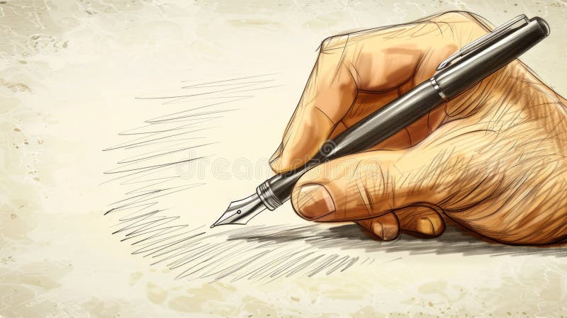 A Hand Drawing a Fountain Pen on Paper with the Tip of it, AI Stock ...