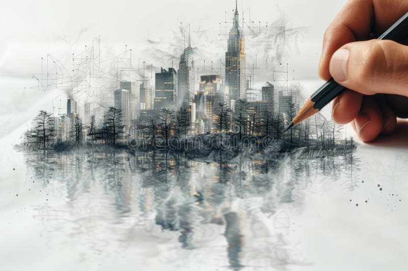 Hand Drawing a Futuristic Cityscape Reflected in Water with Pencil ...