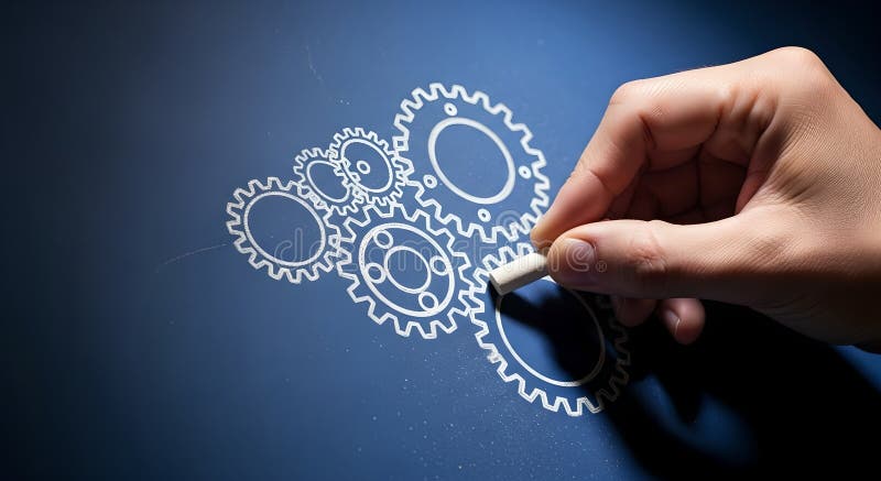 Hand Drawing Business Gears System Strategy Teamwork Dark Blue Background Stock Illustration ...
