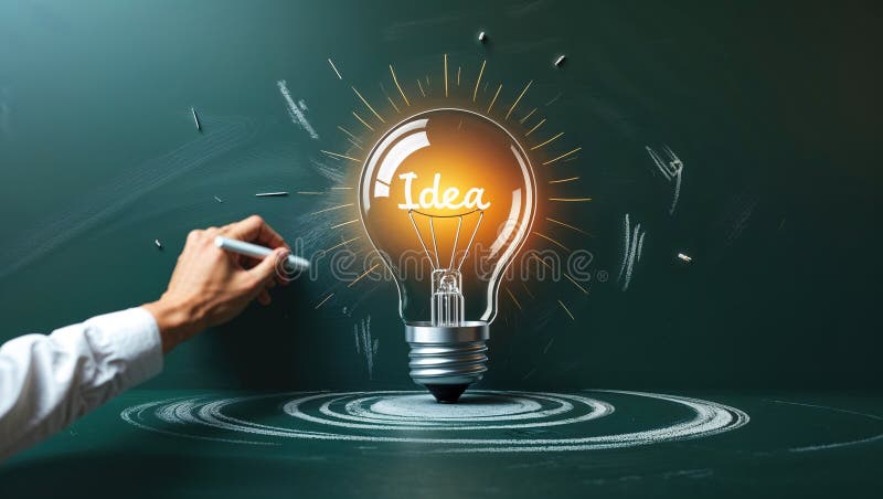 A Hand is Drawing a Glowing Light Bulb Labeled Idea on a Chalkboard ...