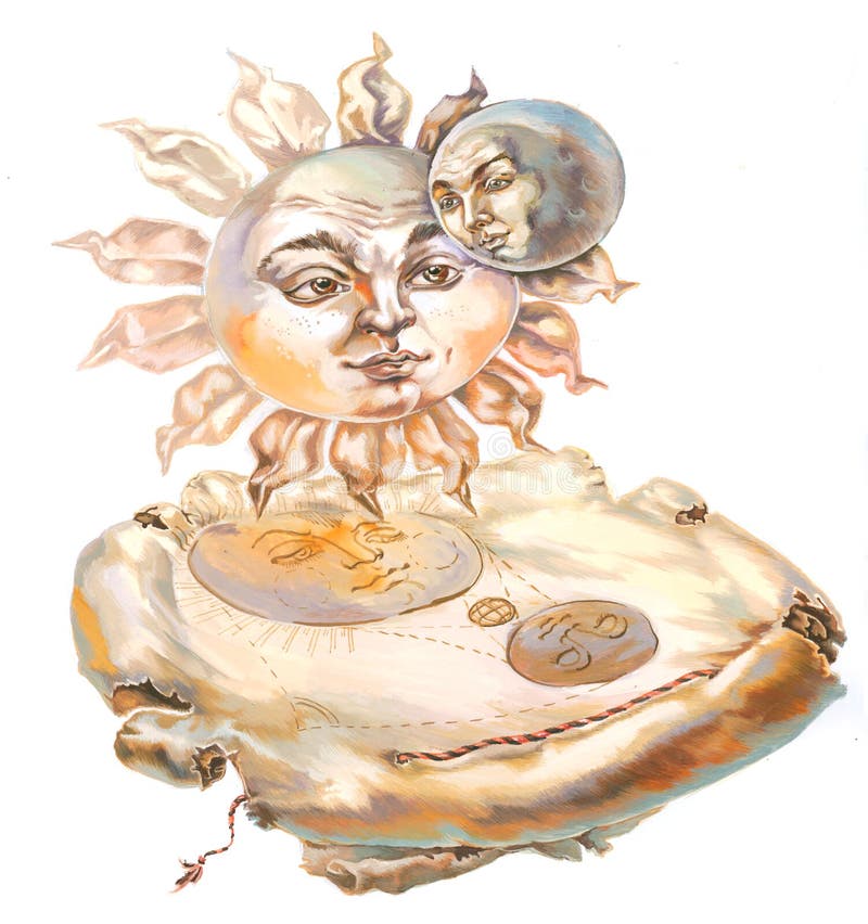 Hand-drawing Gouache by Vintage Sun and Moon Over the Parchment Stock ...