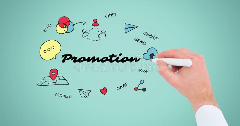 Hand Drawing Graphics with Promotion Text on Screen Stock Illustration ...