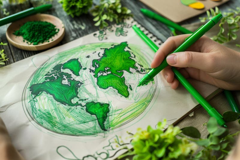 Green Earth Drawing on Paper Stock Illustration - Illustration of earth ...