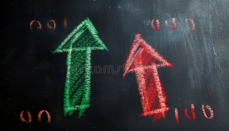 Hand Drawing of Green and Red Chalk in Up and Down Arrow Shape on Black ...