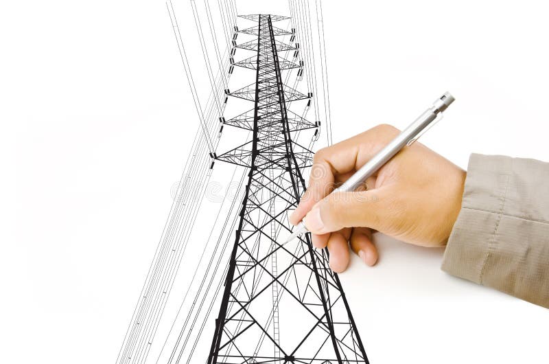 Hand Drawing High Voltage Power Pole Line. Stock Photo - Image of ...