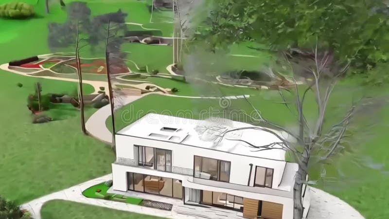 Hand Drawing of House and Garden Plan with Trees, Paths and Greenery ...