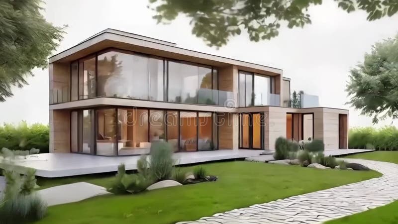 Hand Drawing of House and Garden Plan with Trees, Paths and Greenery ...