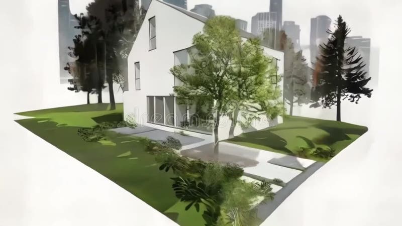 Hand Drawing of House and Garden Plan with Trees, Paths and Greenery ...