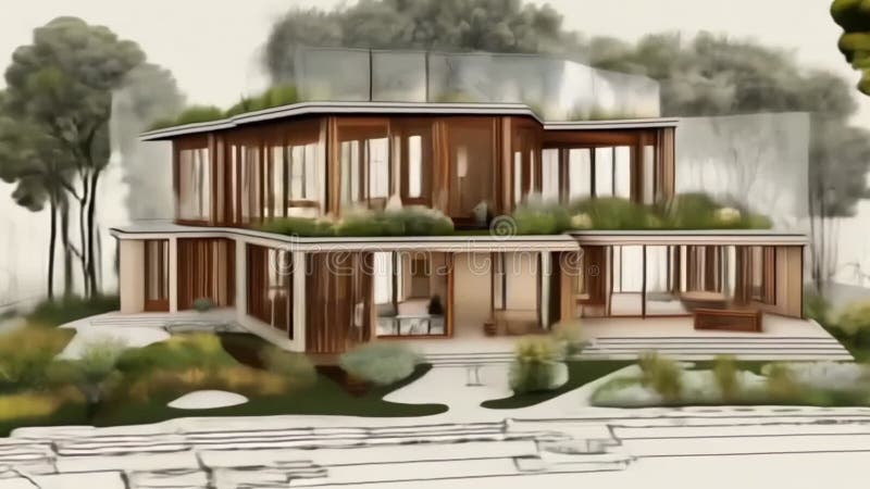 Hand Drawing of House and Garden Plan with Trees, Paths and Greenery ...