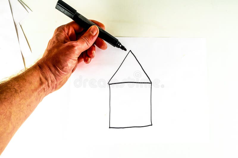 A Hand Drawing a House with a Marker Stock Image - Image of triangular ...