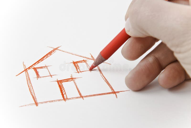 Hand Drawing an House with a Pencil on White Sheet Stock Photo - Image ...