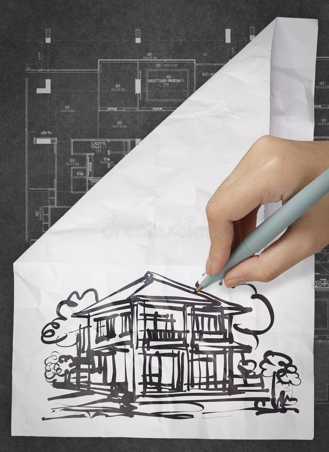 Hand Drawing House on Wrinkled Paper Stock Image - Image of home ...