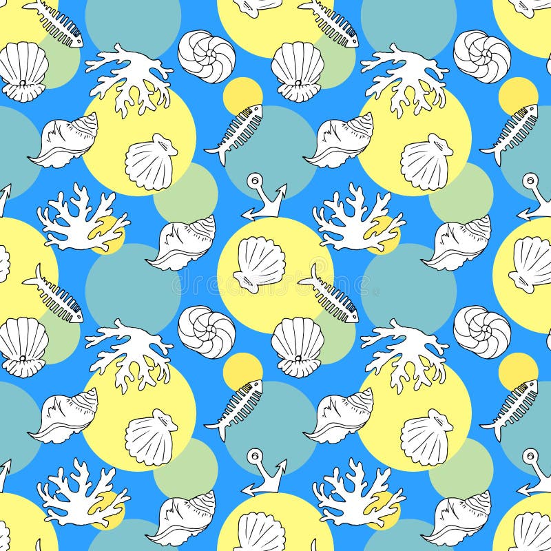 Hand Drawing. Illustration of Sea Coast and Its Inhabitants. Seamless ...