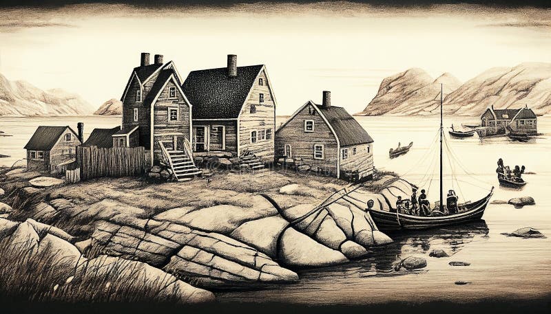 Hand Drawing Illustration of Settlement in Mountains Stock Illustration ...