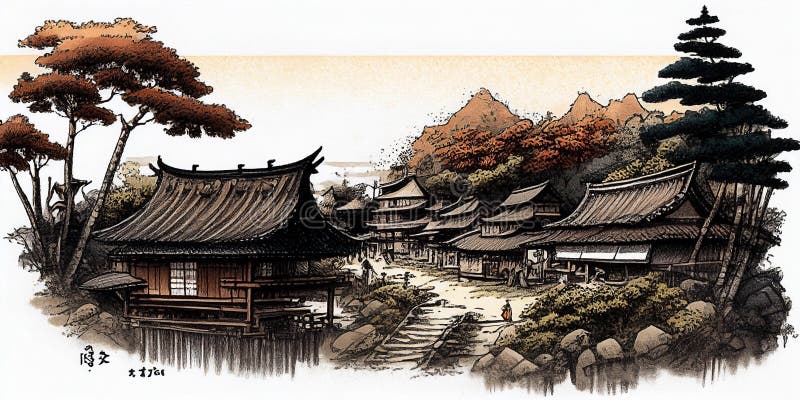 Hand Drawing Illustration of Settlement in Mountains Stock Illustration ...