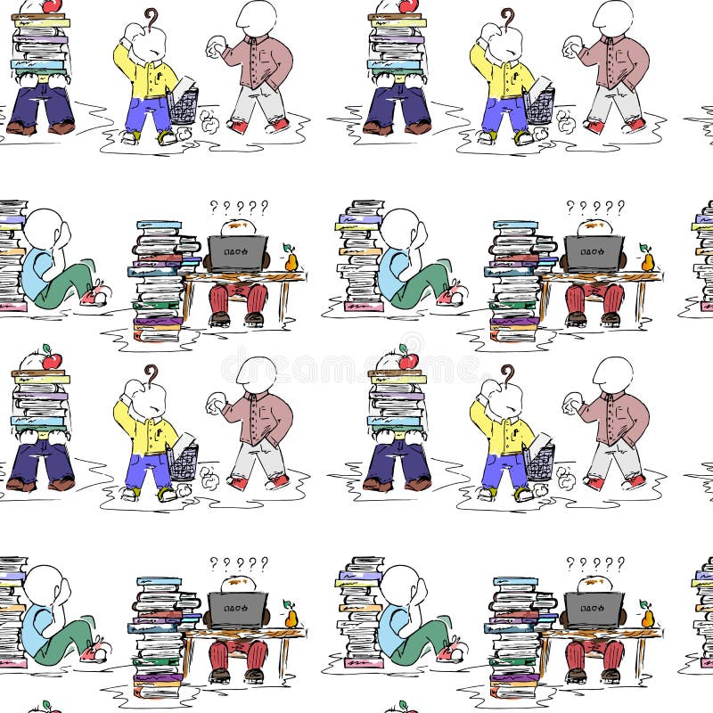 Hand Drawing. Illustration Students In The Library. Seamless Pattern ...
