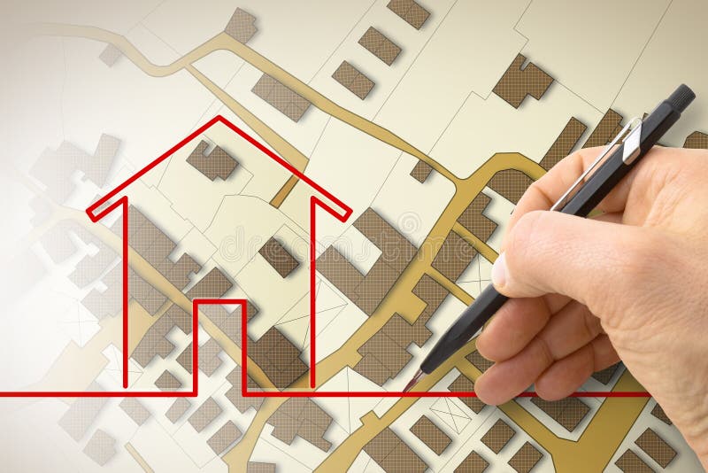 Hand Drawing an Imaginary Cadastral Map of Territory with Buildings and ...