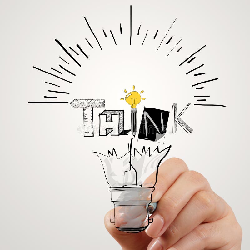 Hand Drawing Light Bulb and THINK Word Stock Photo - Image of light ...