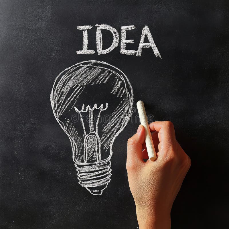 Hand Drawing a Lightbulb Symbolizing an Idea on a Chalkboard. Stock ...