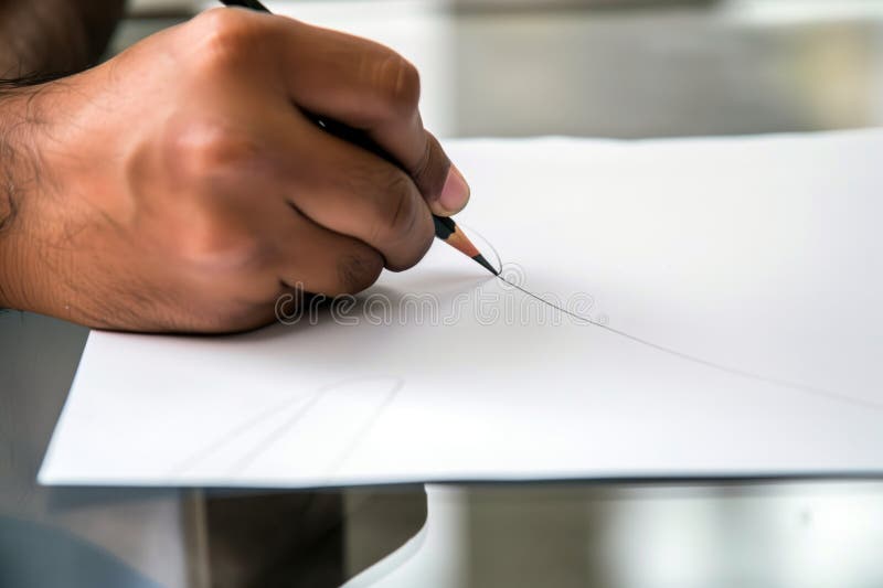 Hand Drawing a Line on Blank Paper with a Sharp Pencil on a Glass Table ...