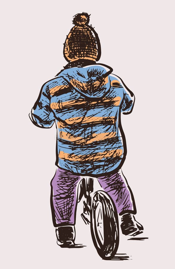 Hand Drawing of Little Child Riding a Bicycle Outdoors Stock Vector ...