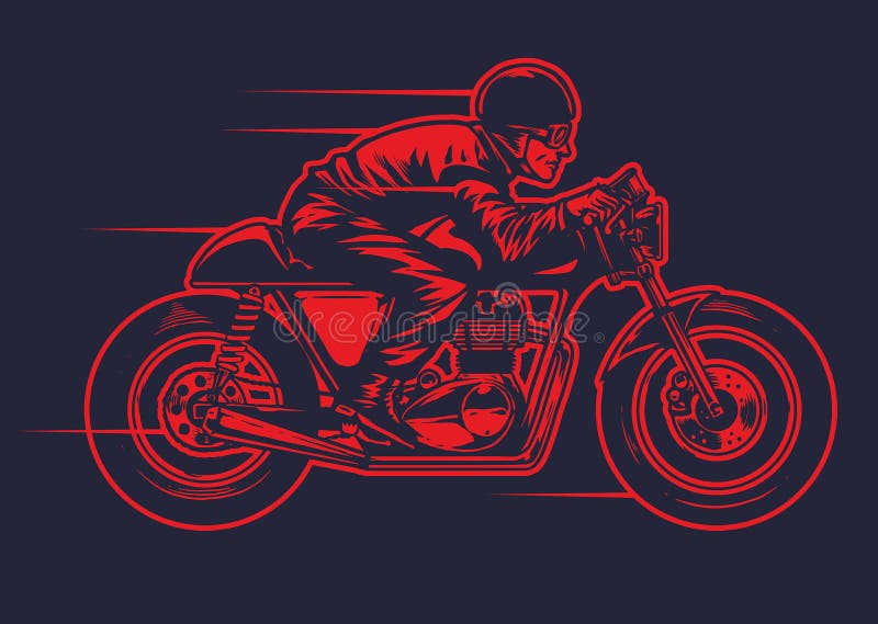Hand Drawing of Man Riding Old Cafe Racer Motorcycle Stock Vector ...