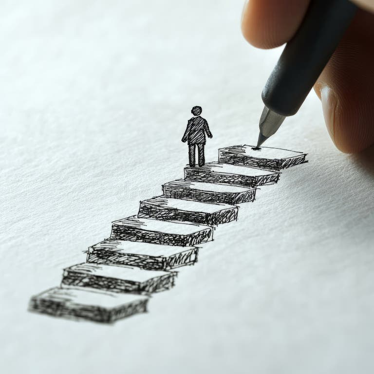Hand Drawing Man on Staircase Symbolizing Progress and Ambition. Stock ...