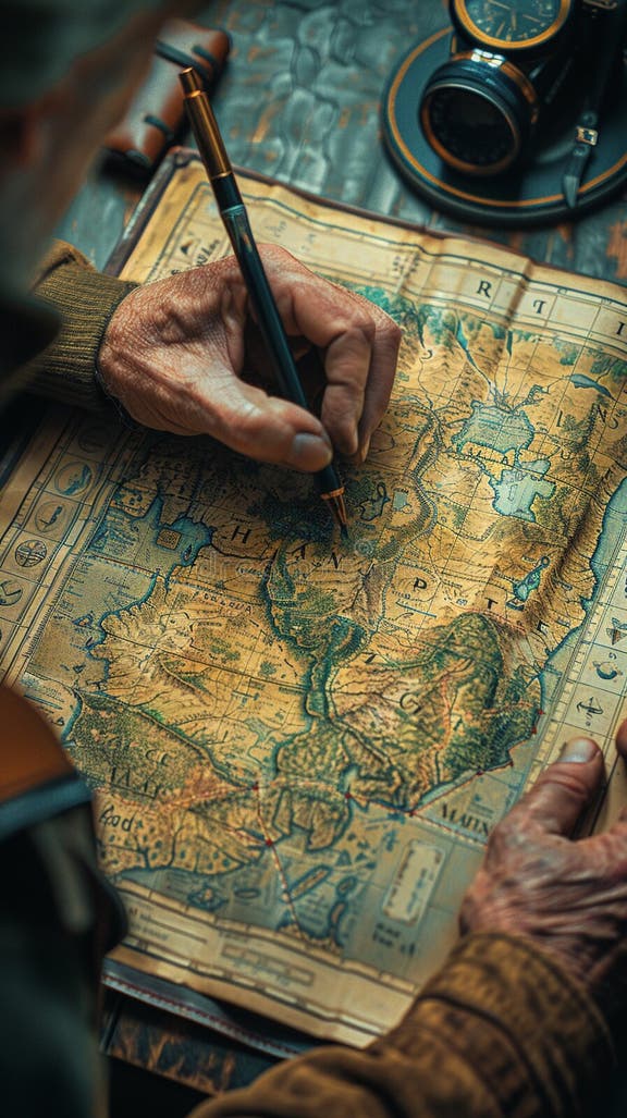 Hand drawing a map stock illustration. Illustration of compass - 314768439