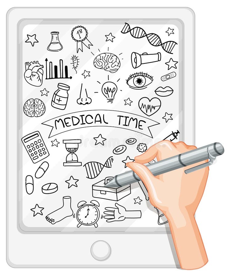 Hand Drawing Medical Element in Doodle or Sketch Style on Tablet Stock ...