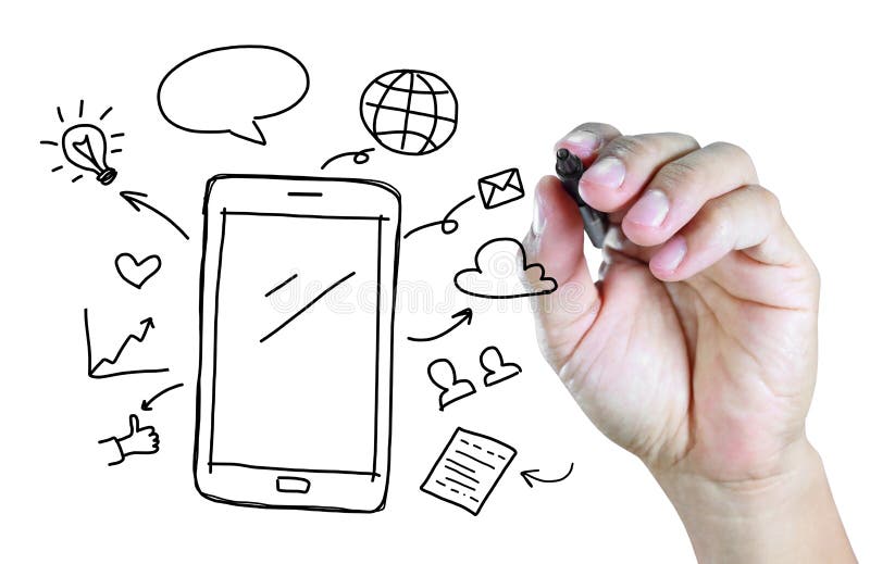 Hand Drawing Mobile Phone with Social Media Concept Stock Photo - Image ...