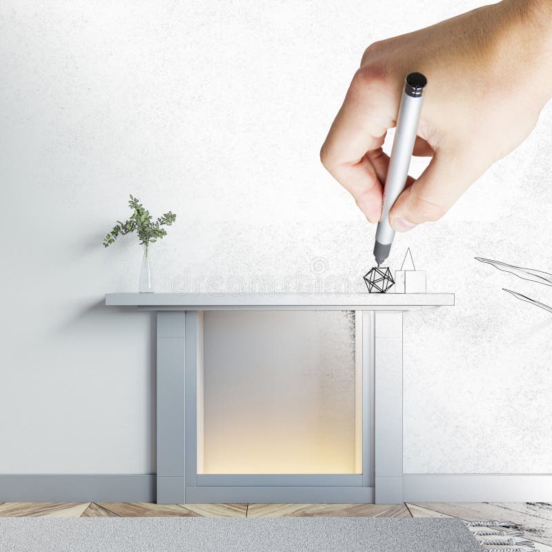 Hand Drawing Living Room Interior with Wall Installation. Design ...