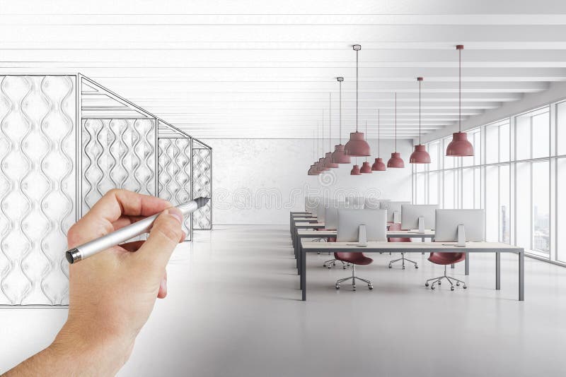 Hand Drawing Modern Office Interior Hall Stock Photo - Image of desktop ...